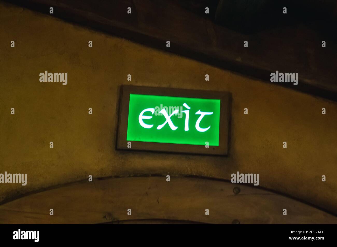Exit sign at Green dragon tavern in the Hobbiton, New Zealand. The ...
