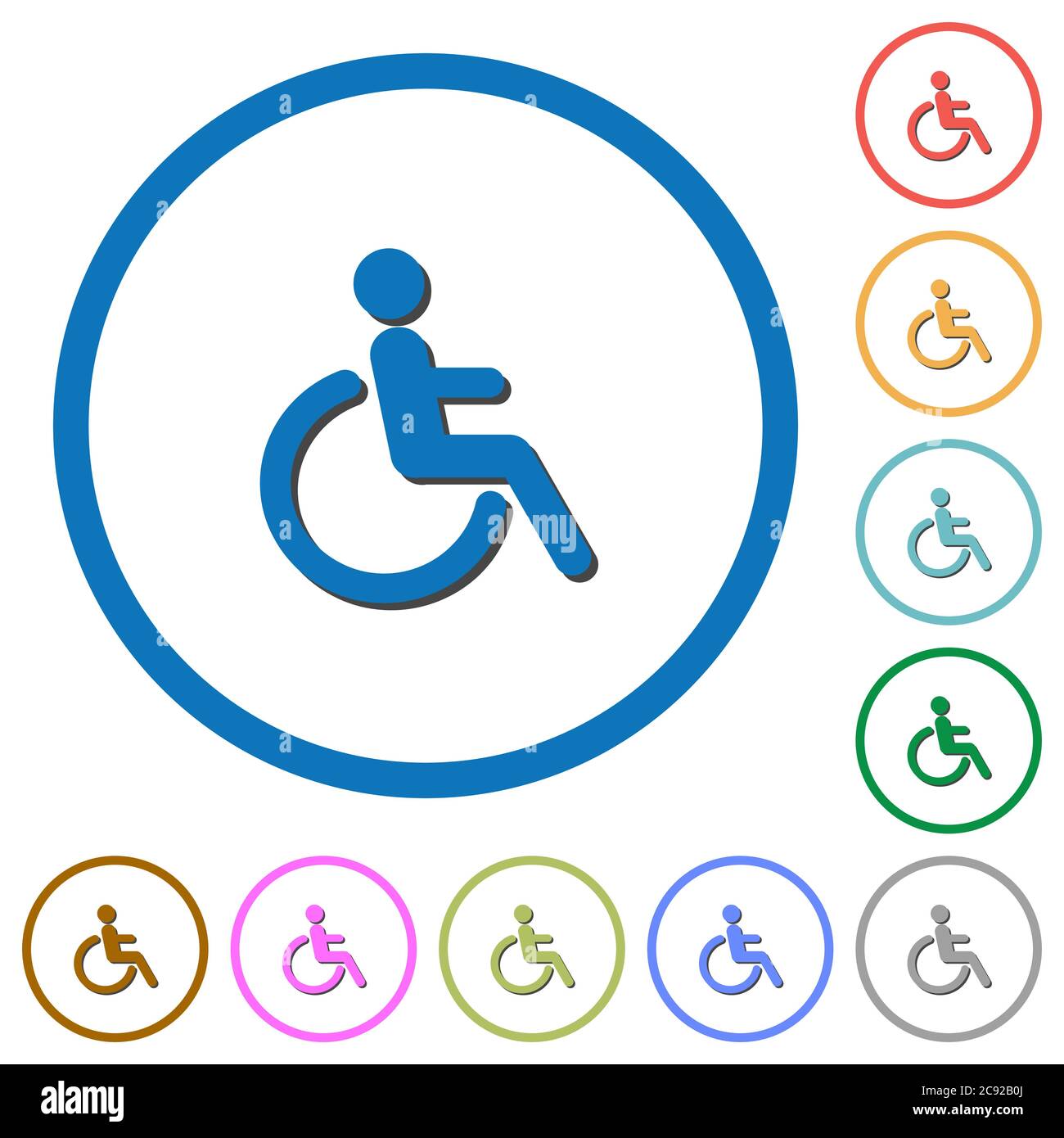 Disability flat color vector icons with shadows in round outlines on ...