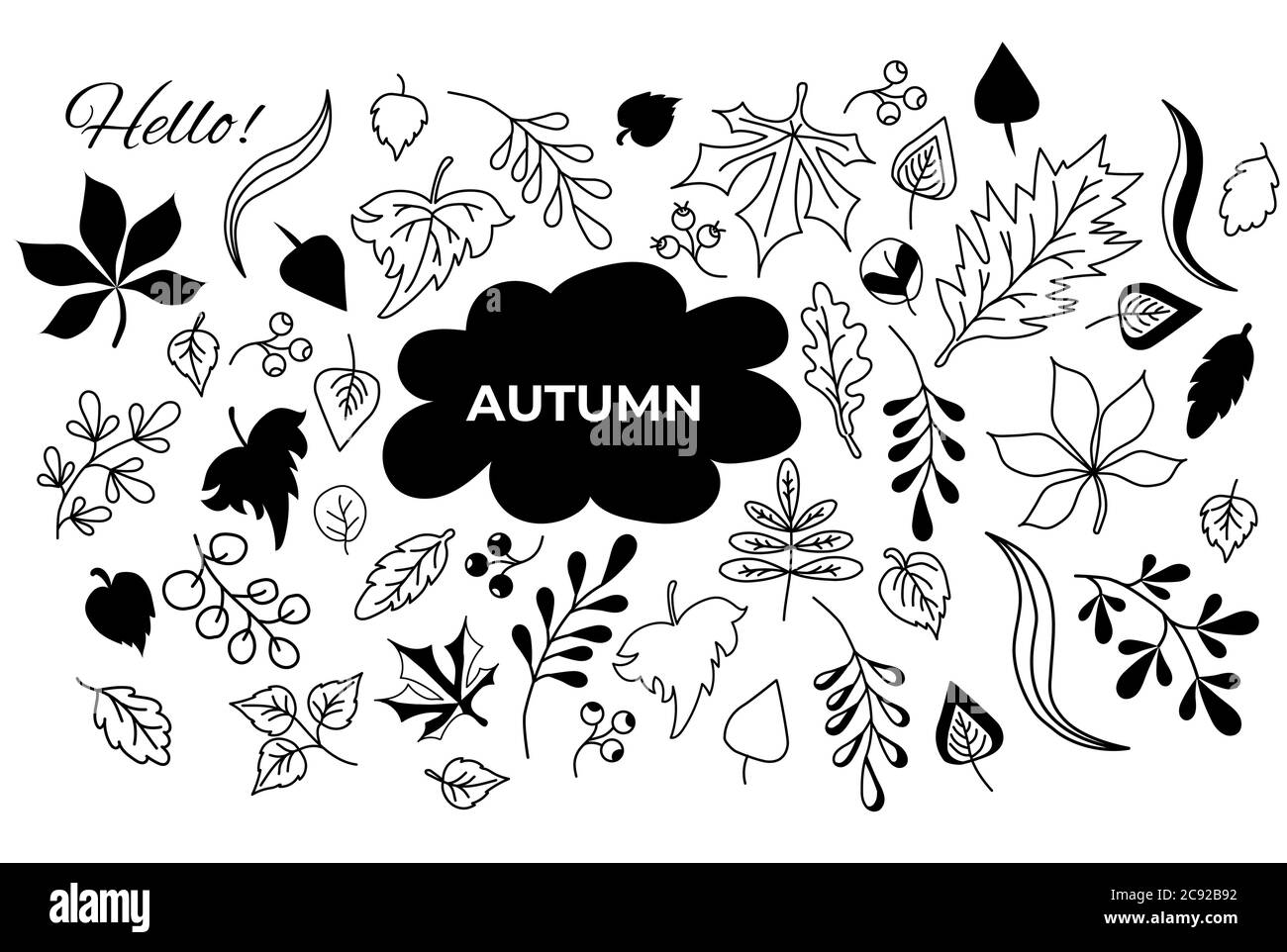 Vector set of autumn drawings. outline and silhouette. Doodle of ...
