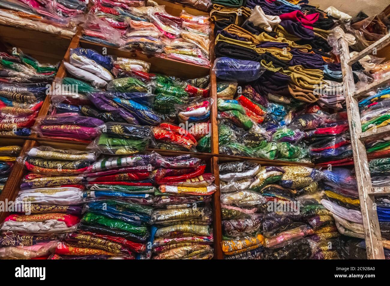 Moroccan handmade scarves at a shop in Medina of Fez, Morocco Stock ...