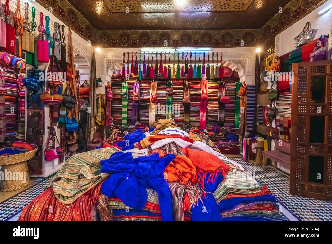 Moroccan handmade textile at a shop in Medina of Fez, Morocco Stock ...