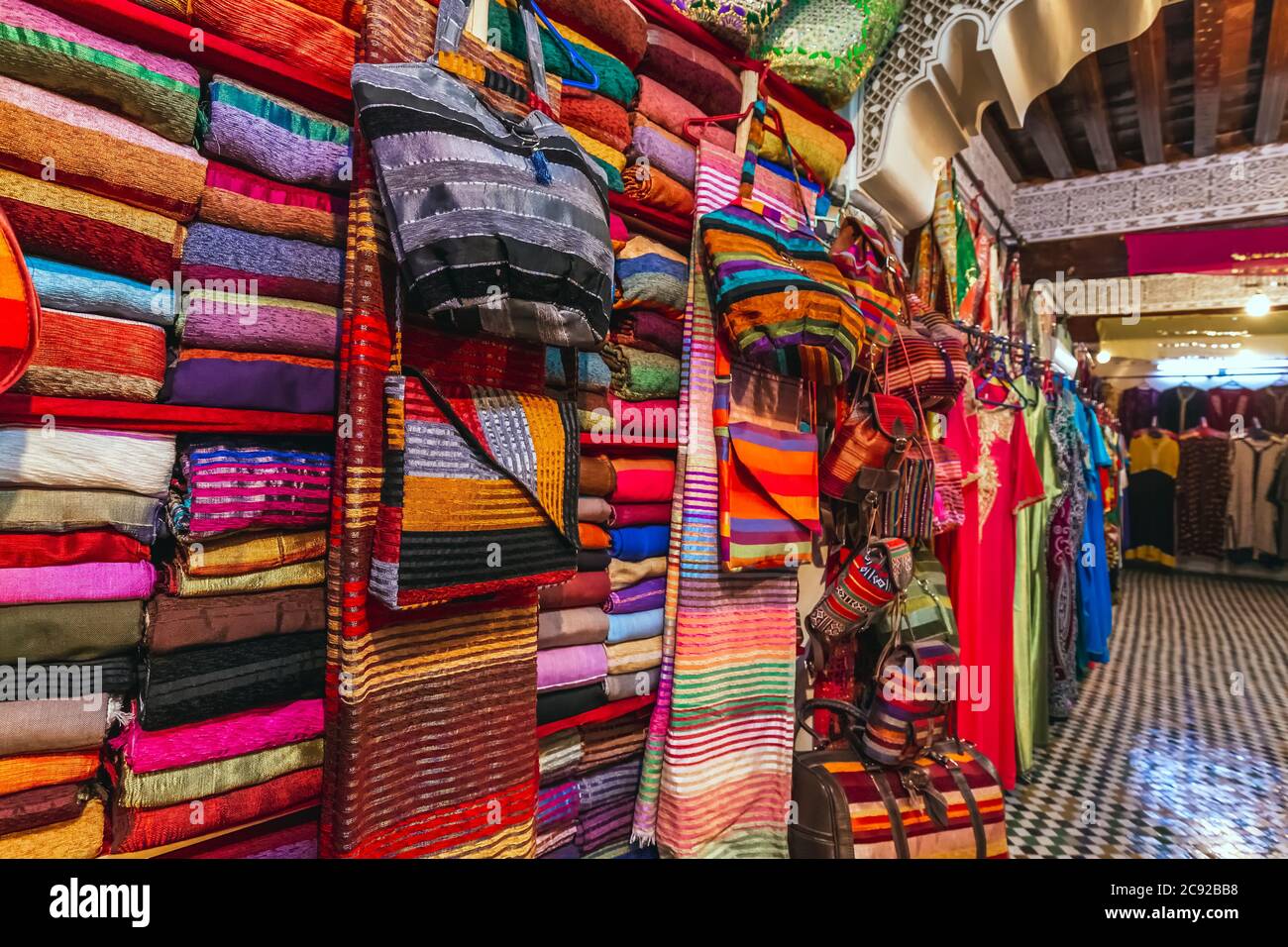 Moroccan handmade textile at a shop in Medina of Fez, Morocco Stock ...