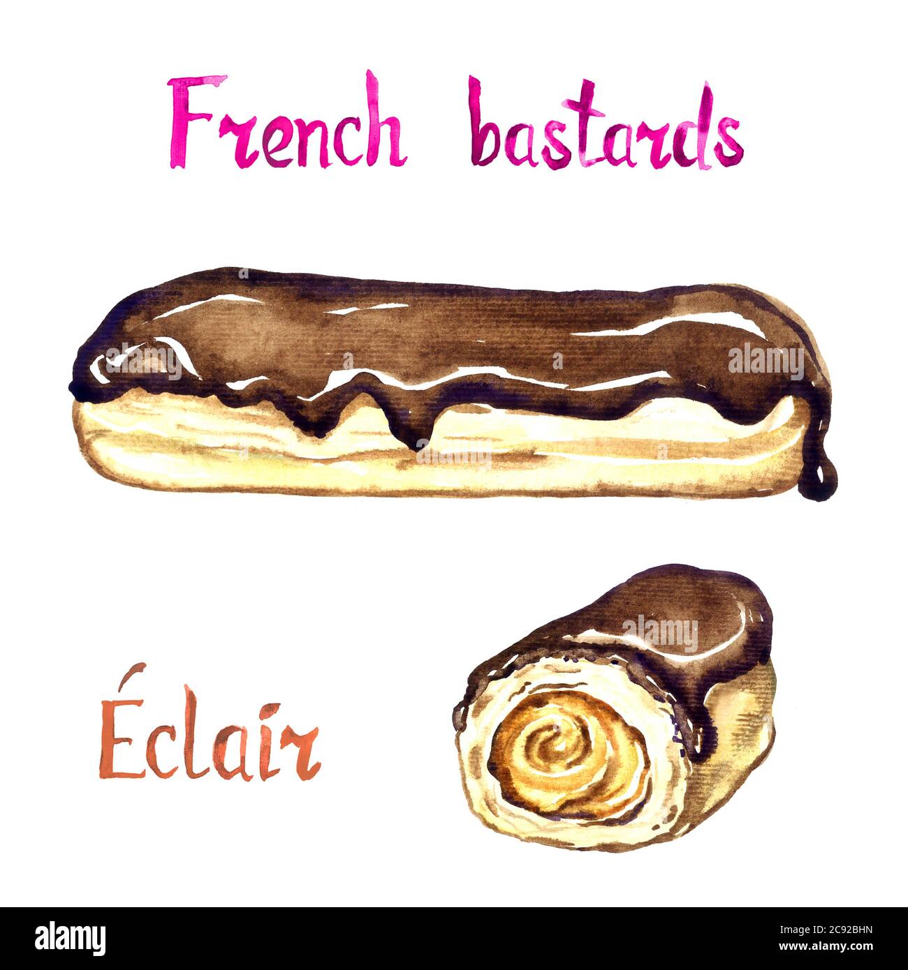 Eclair set, whole and cut slice isolated on white hand painted ...