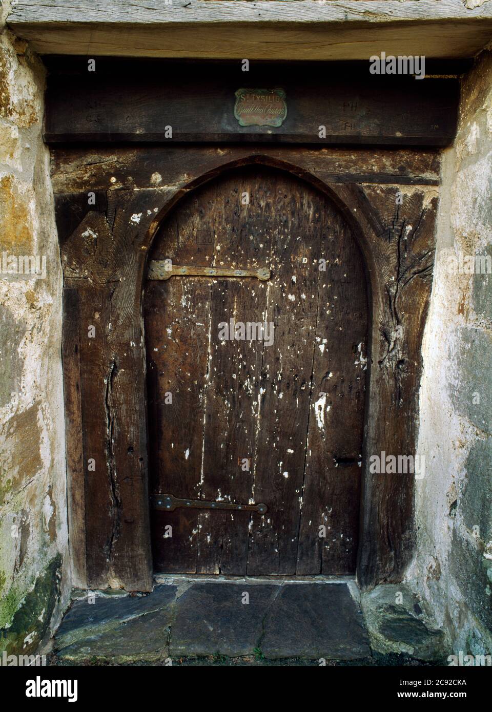 St Tysilio’s Church door, Menai Bridge, Menai Strait, Anglesey. Wooden ...