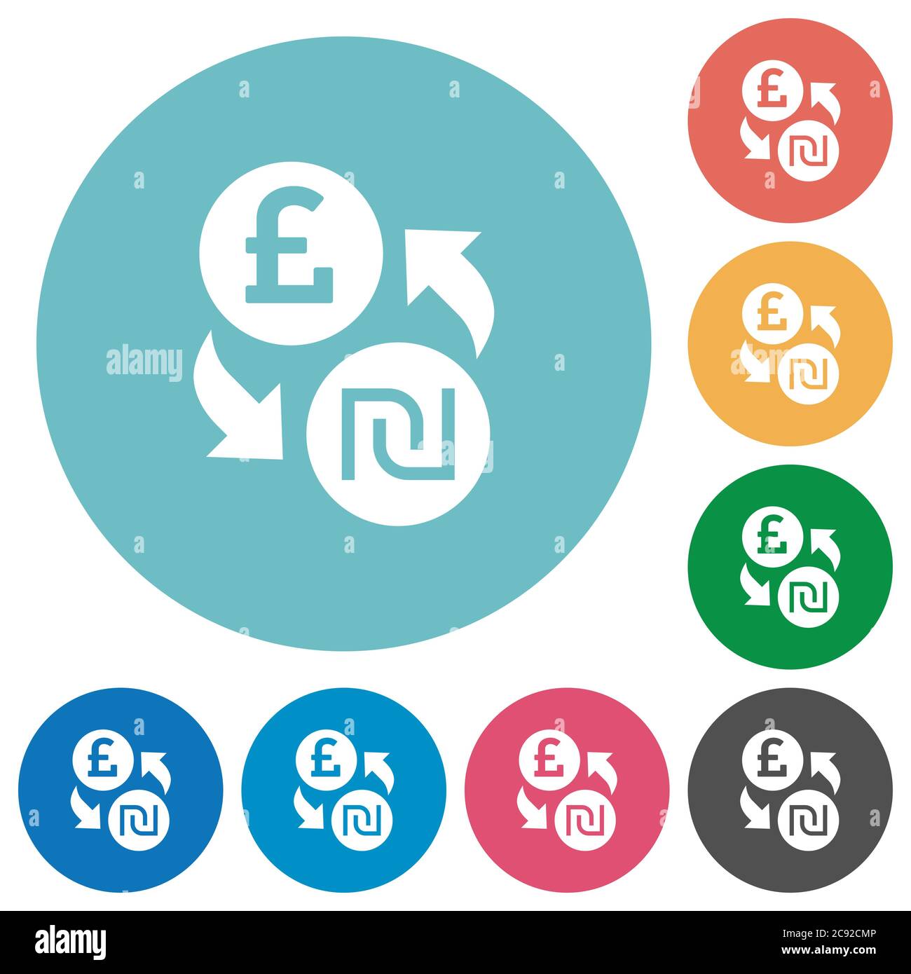 Pound Shekel money exchange flat white icons on round color backgrounds ...