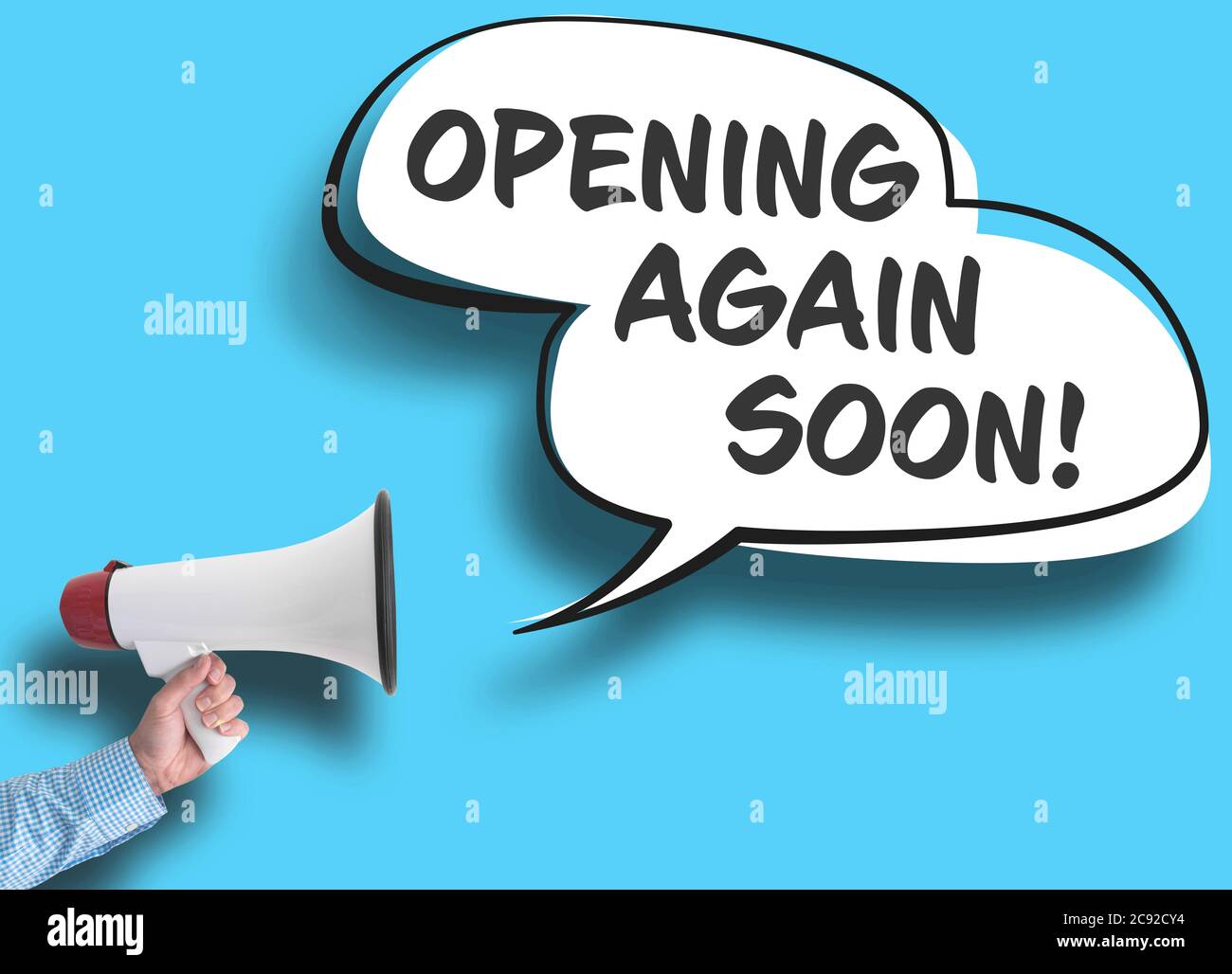 text OPENING AGAIN SOON in speech bubble next to hand holding megaphone ...