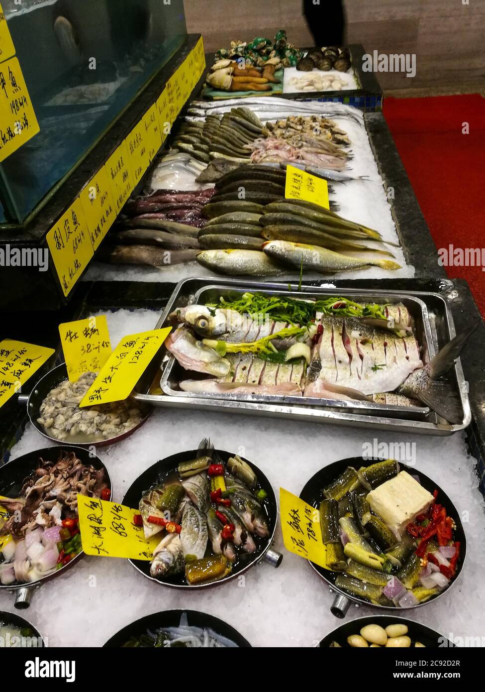 SHANGHAI, CHINA - Jul 12, 2018: Various kind of sea food is presented ...