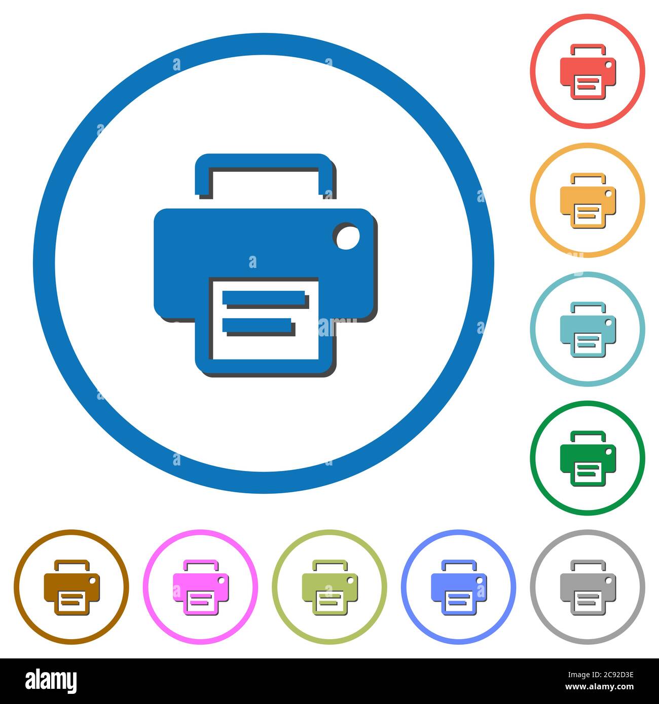 Printer flat color vector icons with shadows in round outlines on white ...