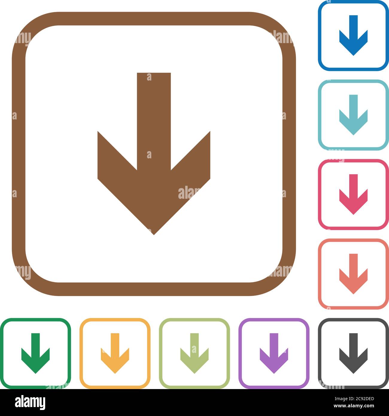 Down arrow simple icons in color rounded square frames on white ...