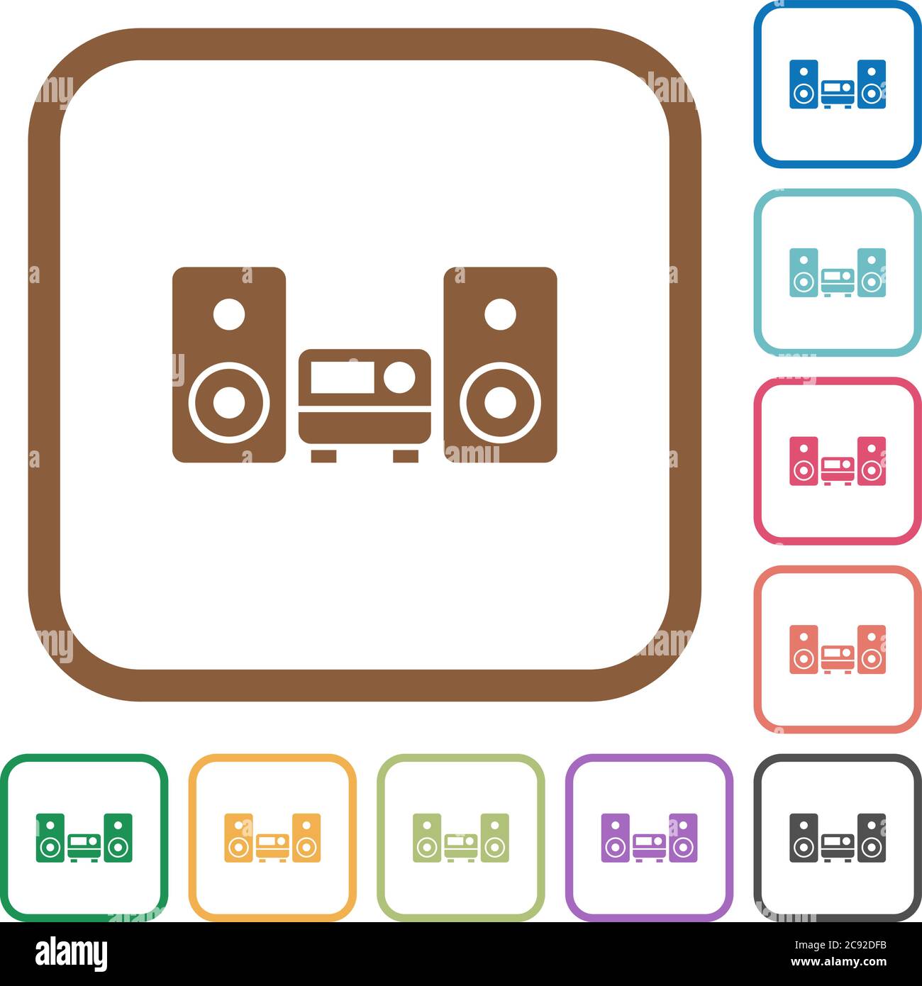 Stereo system simple icons in color rounded square frames on white ...