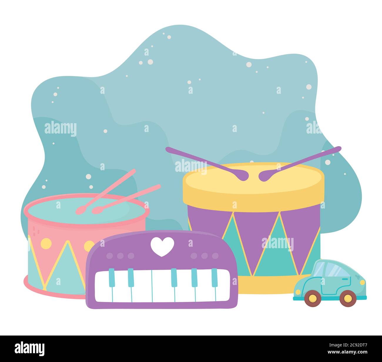 kids toys drums piano and car object amusing cartoon vector ...