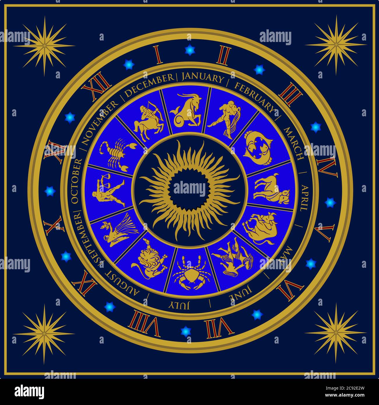 Blue analogue zodiac clock constellation vector illustration Stock ...