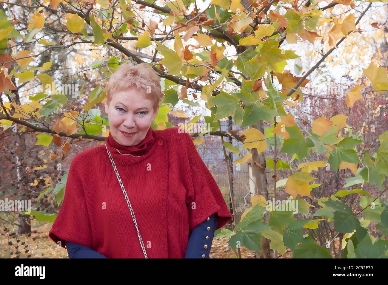 Portrait of a smiling mature woman under a maple tree with yellow and ...