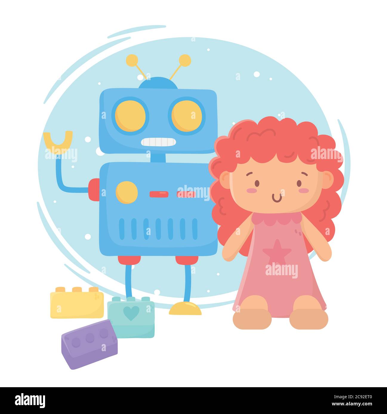 kids toys object amusing cartoon cute doll robot and blocks vector ...