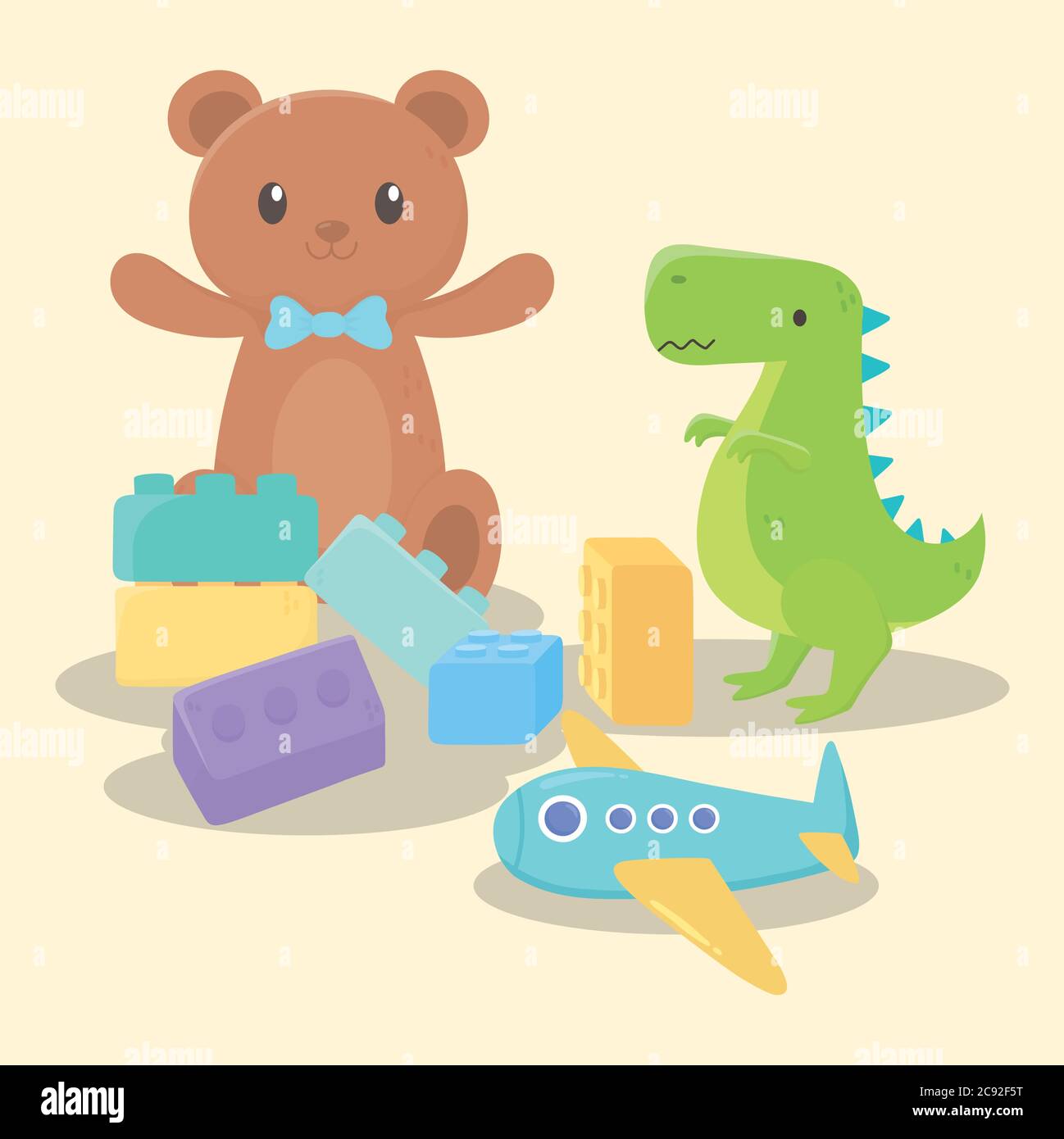 kids toys object amusing cartoon dinosaur teddy bear plane and blocks ...