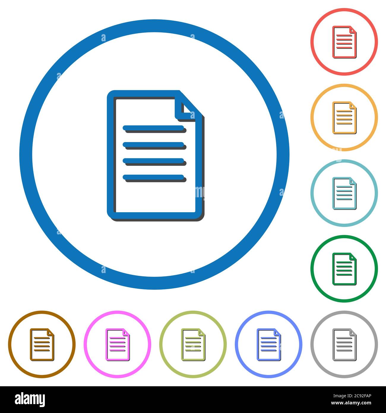 Document flat color vector icons with shadows in round outlines on ...
