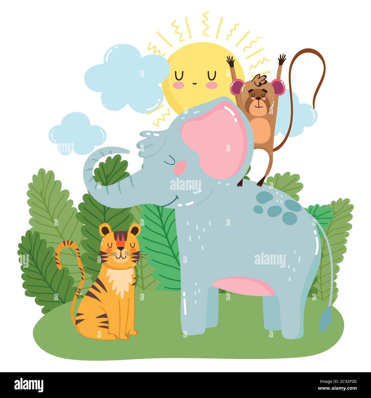 cute elephant monkey and tiger grass bushes nature wild cartoon vector ...