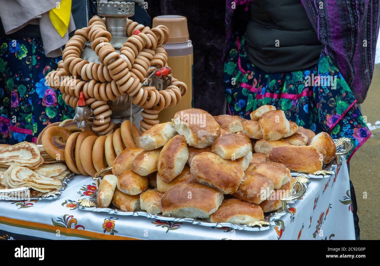 Shrovetide Maslenitsa Butter Week festival meal. Stack of russian ...