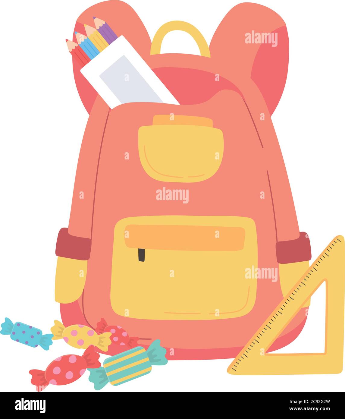 back to school, backpack pencils candies education cartoon vector ...