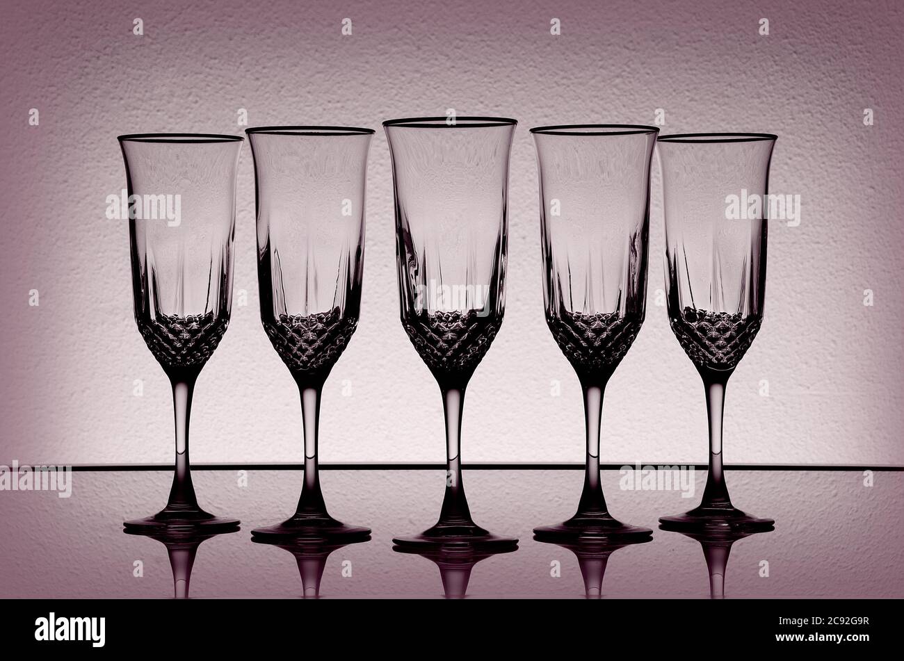 Closeup shot five empty glass champagne flutes - concept for a fancy ...