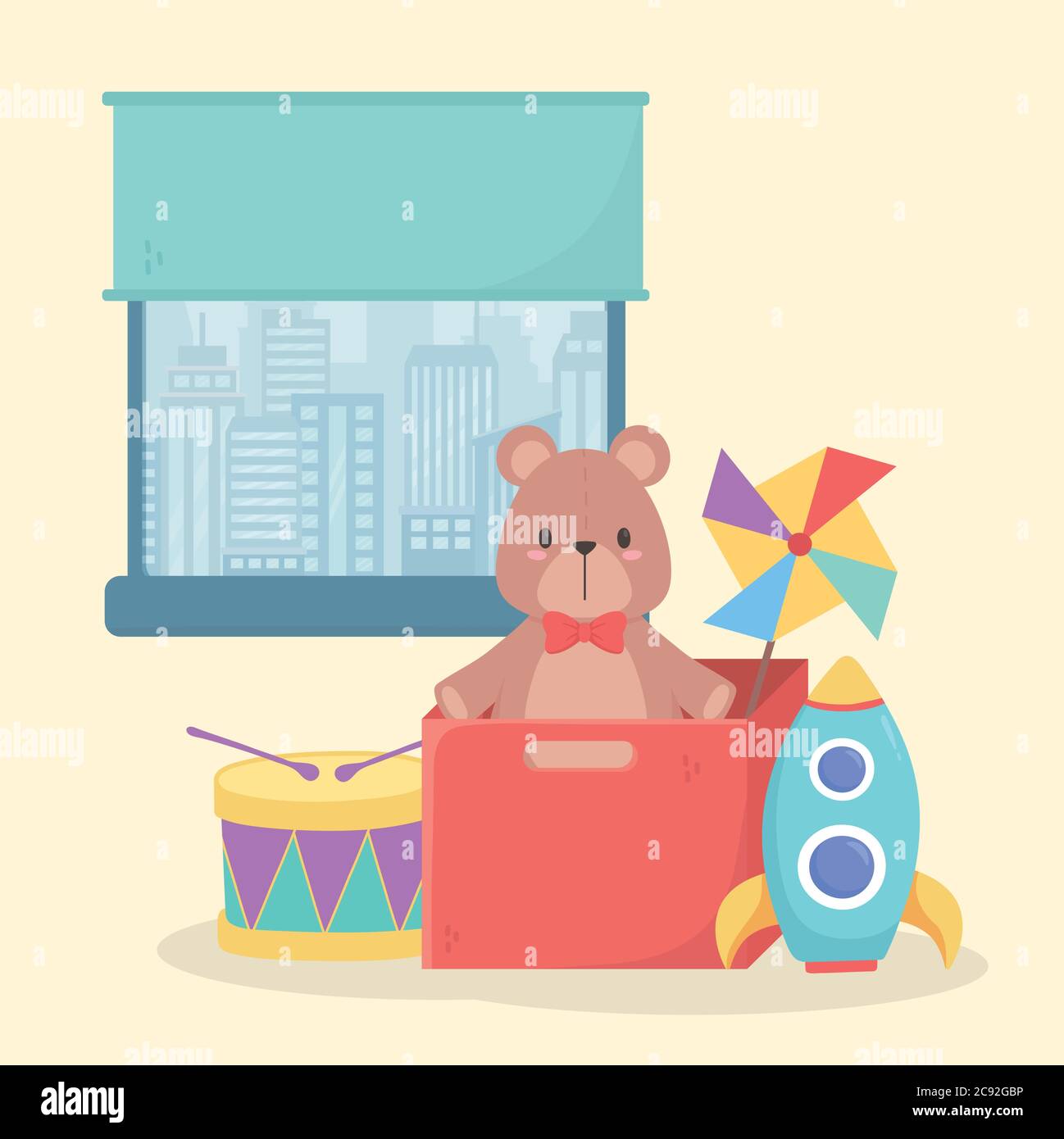 kids toys teddy bear rocket pinwheel drum object amusing in room ...