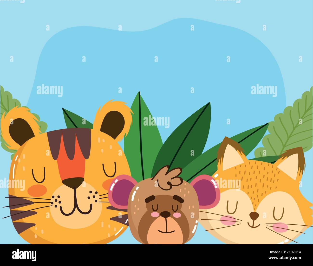 cute animal adorable little tiger monkey fox foliage cartoon vector ...