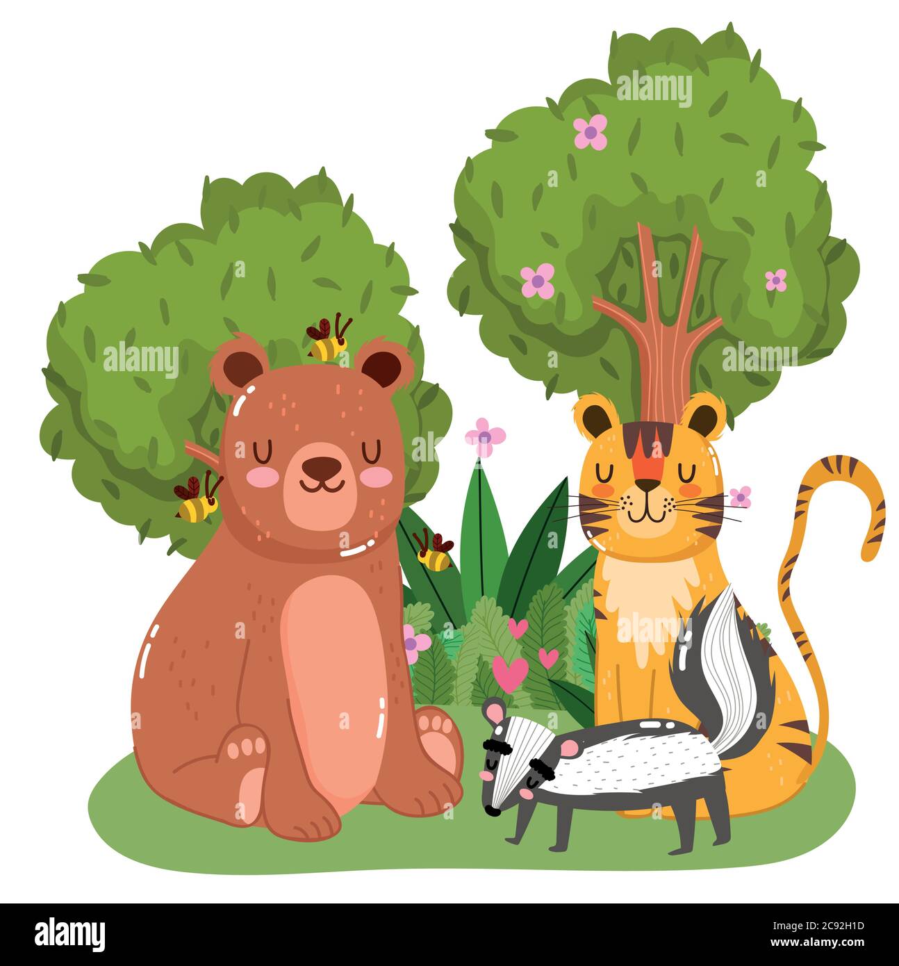 cute animals bear tiger bees and skunk grass forest nature wild cartoon ...