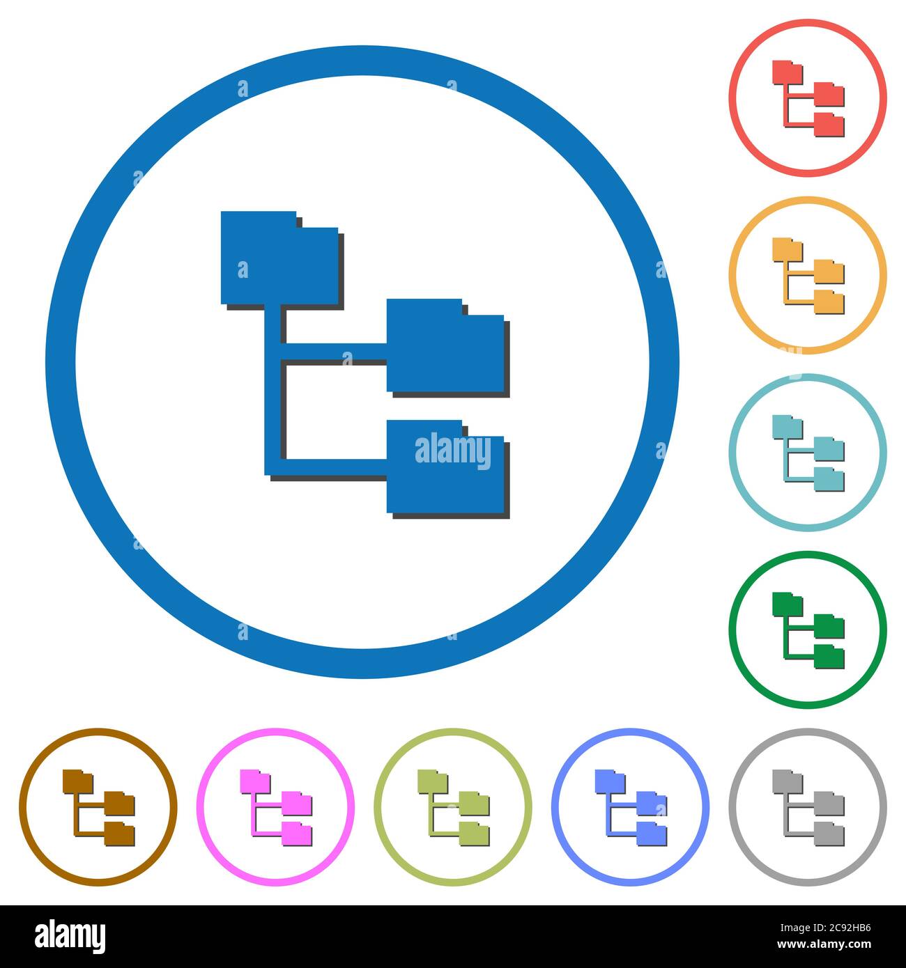 Folder structure flat color vector icons with shadows in round outlines ...