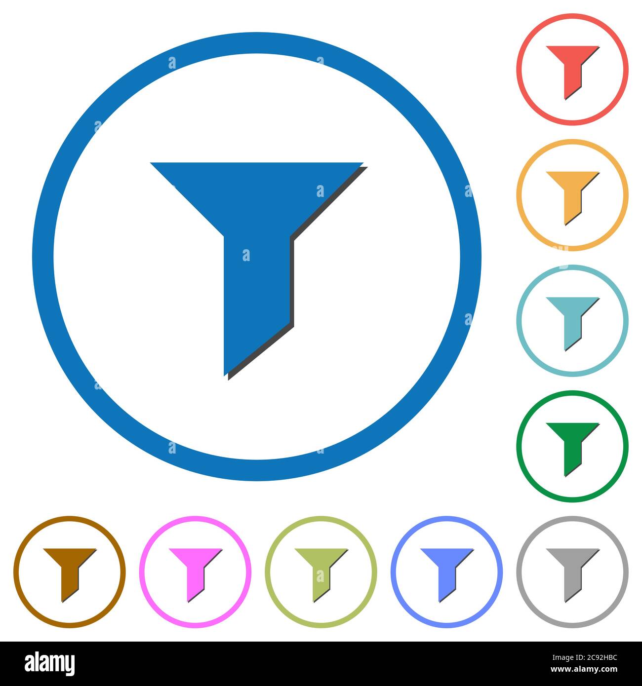 Filter flat color vector icons with shadows in round outlines on white ...