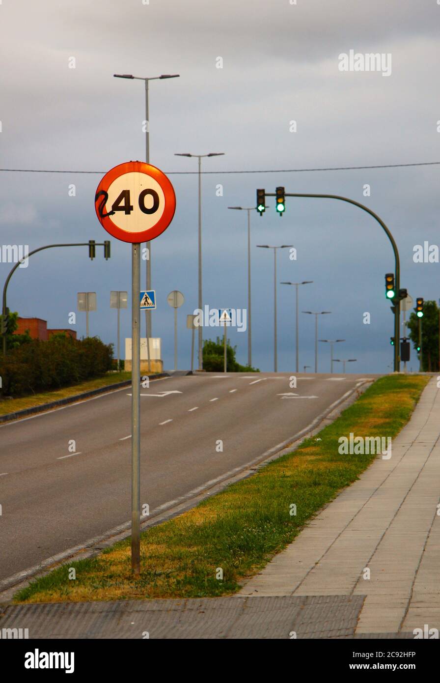 Maximum speed limit 40 kilometres per our sign modified with a painted ...