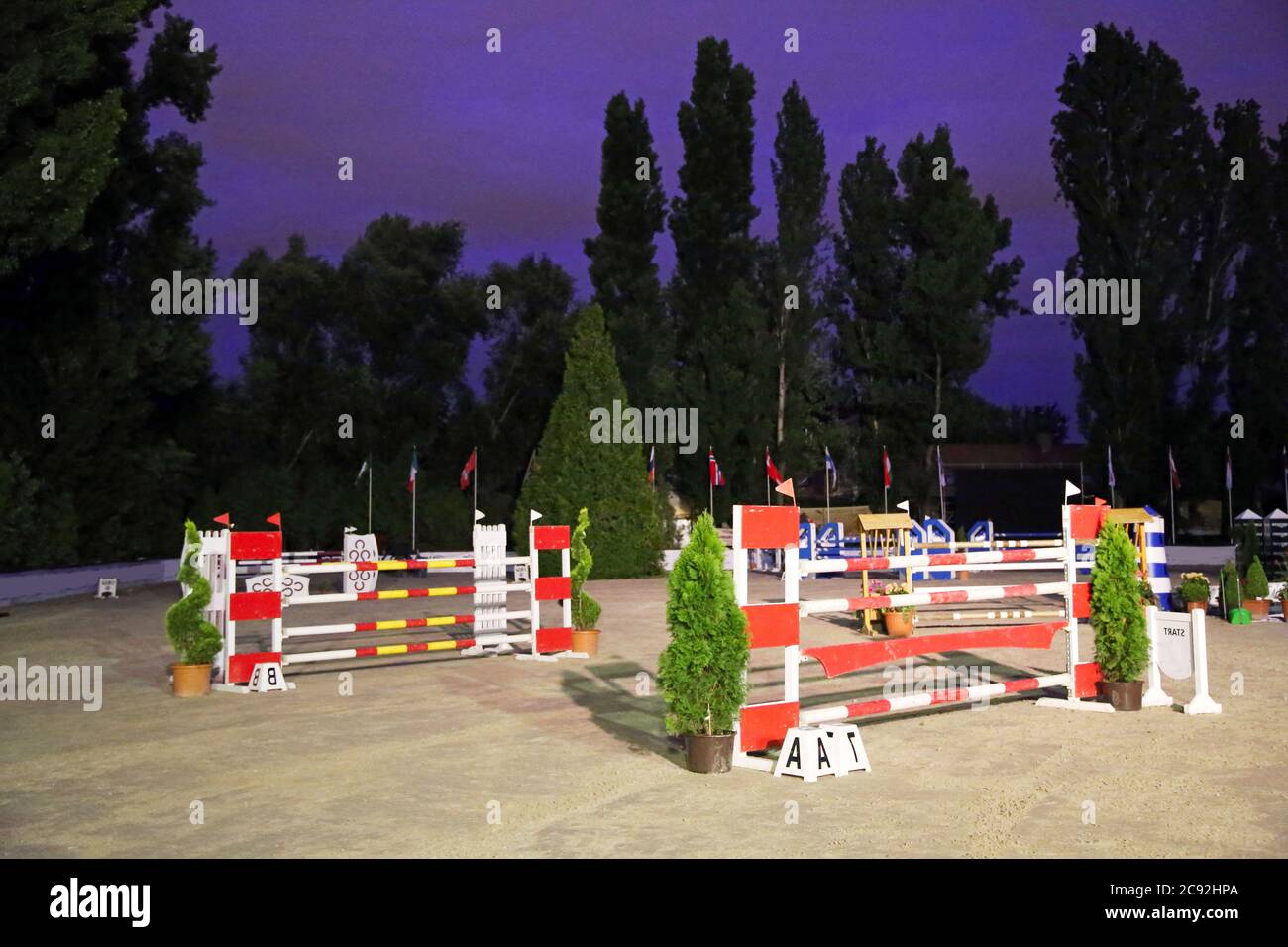 Obstacles and barriers on a show jumping field without people Stock ...