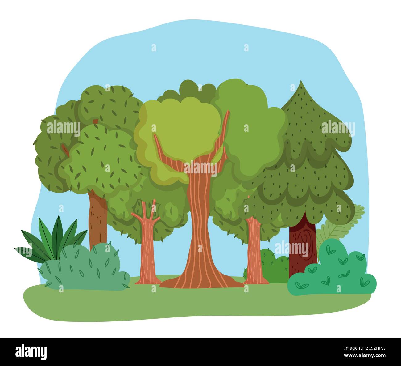 forest trees bushes grass leaves foliage greenery cartoon design vector ...