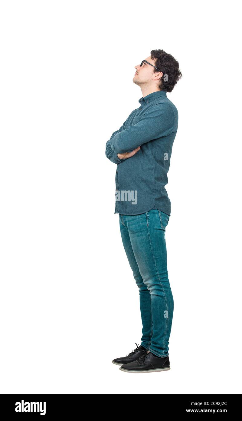 Side view full length portrait, cheerful businessman, keeps arms ...