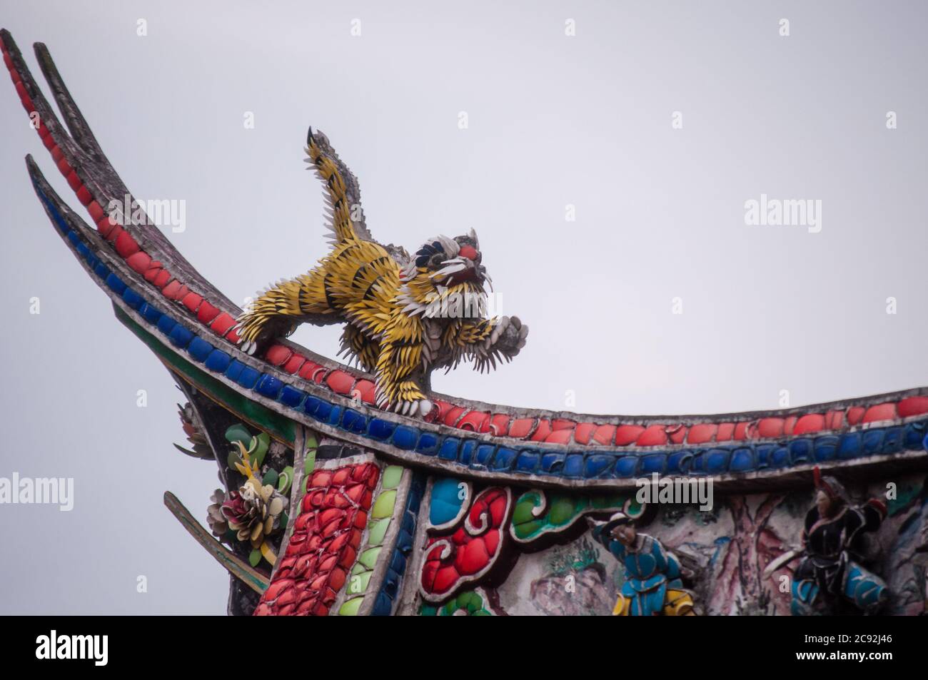 Yellow Tiger Ornate on the temple roof in Taiwan, Beipu near Hsinchu ...