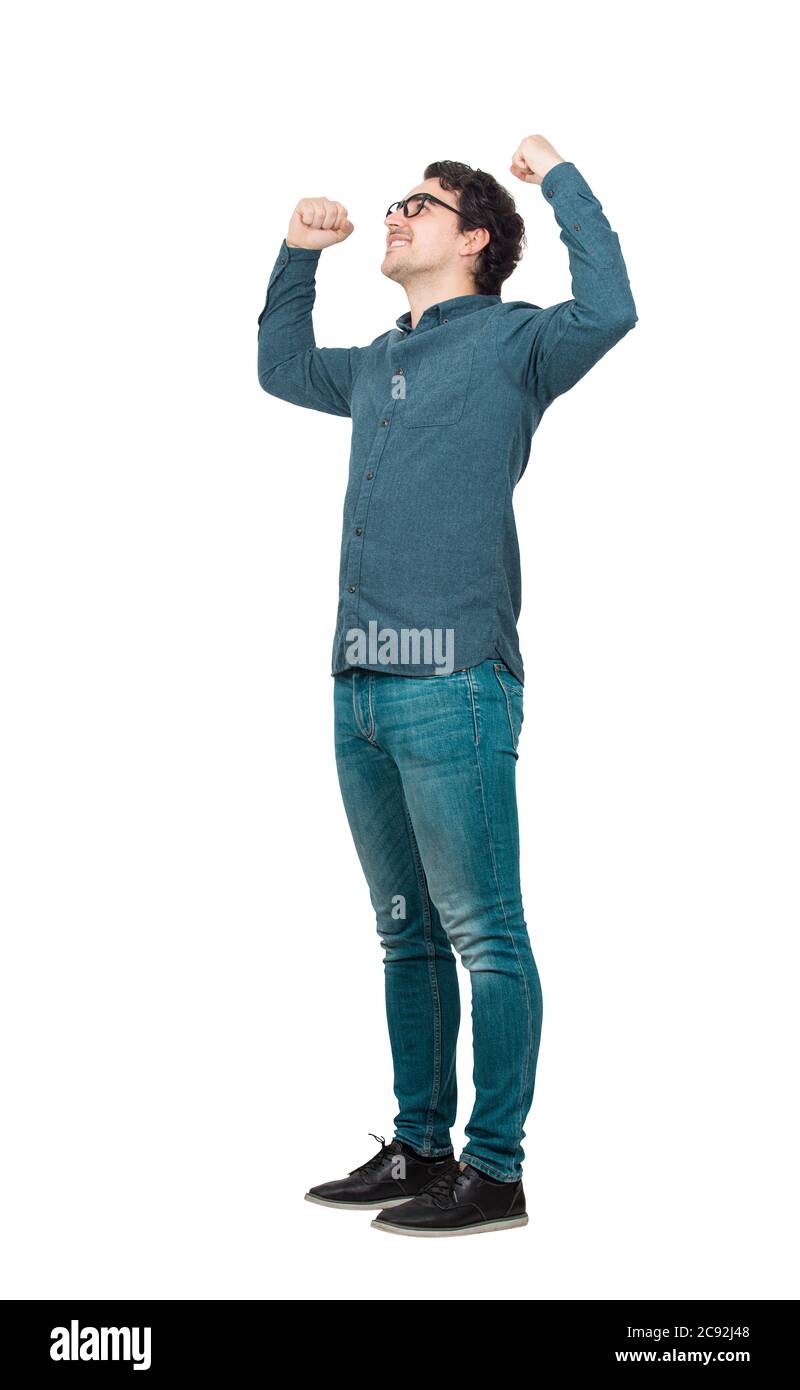 Full length, confident businessman flexing muscles imagine superpower ...