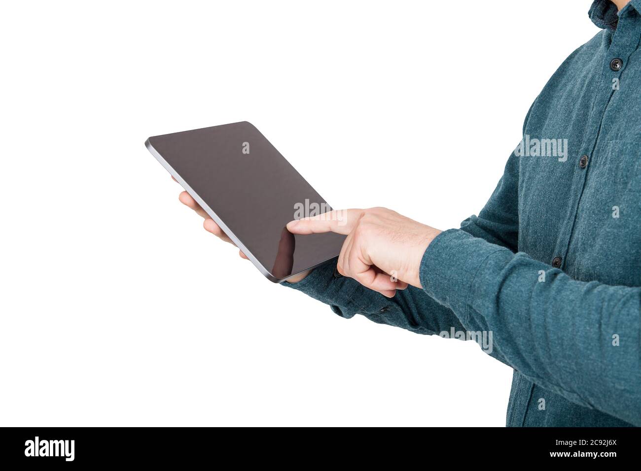 Close up person hands using a PC tablet as pressing the blank gadget ...