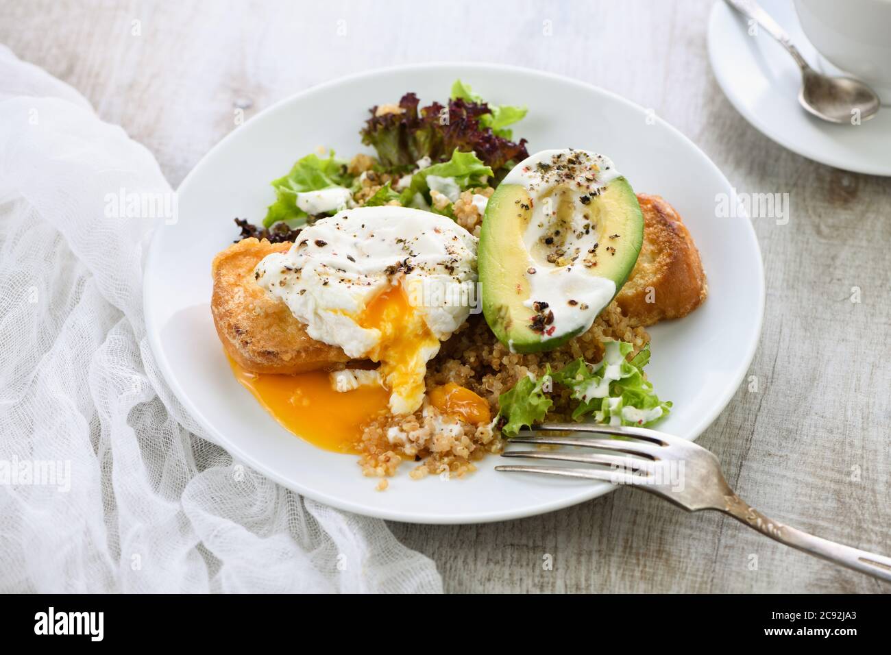 A healthy and balanced breakfast plate. Benedict's egg spreads on a ...