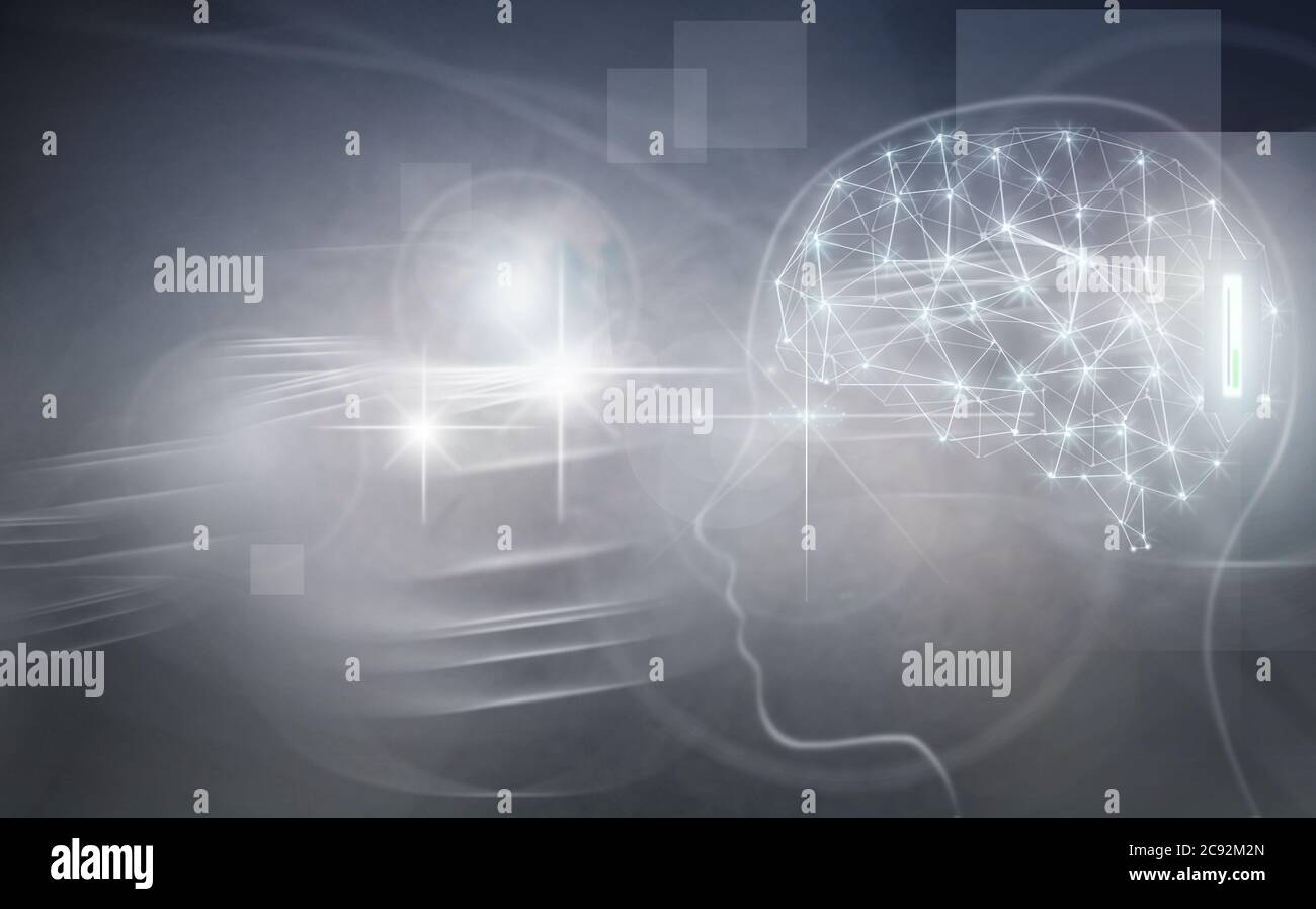 Robot hand reaching towards digitalized brain with implant Stock Photo ...