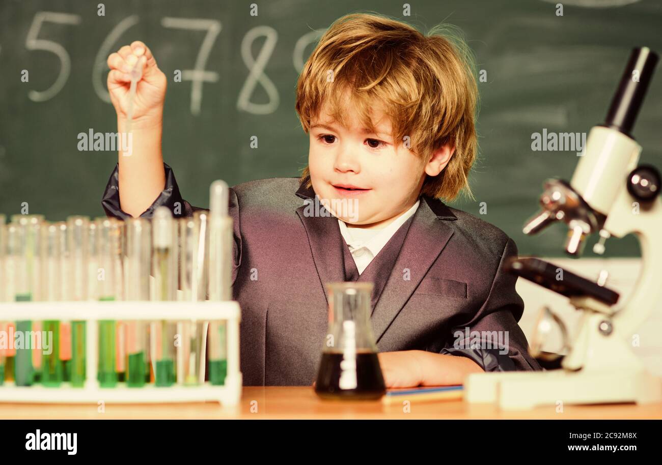 Biology school lab equipment. kid scientist studying science. Little ...