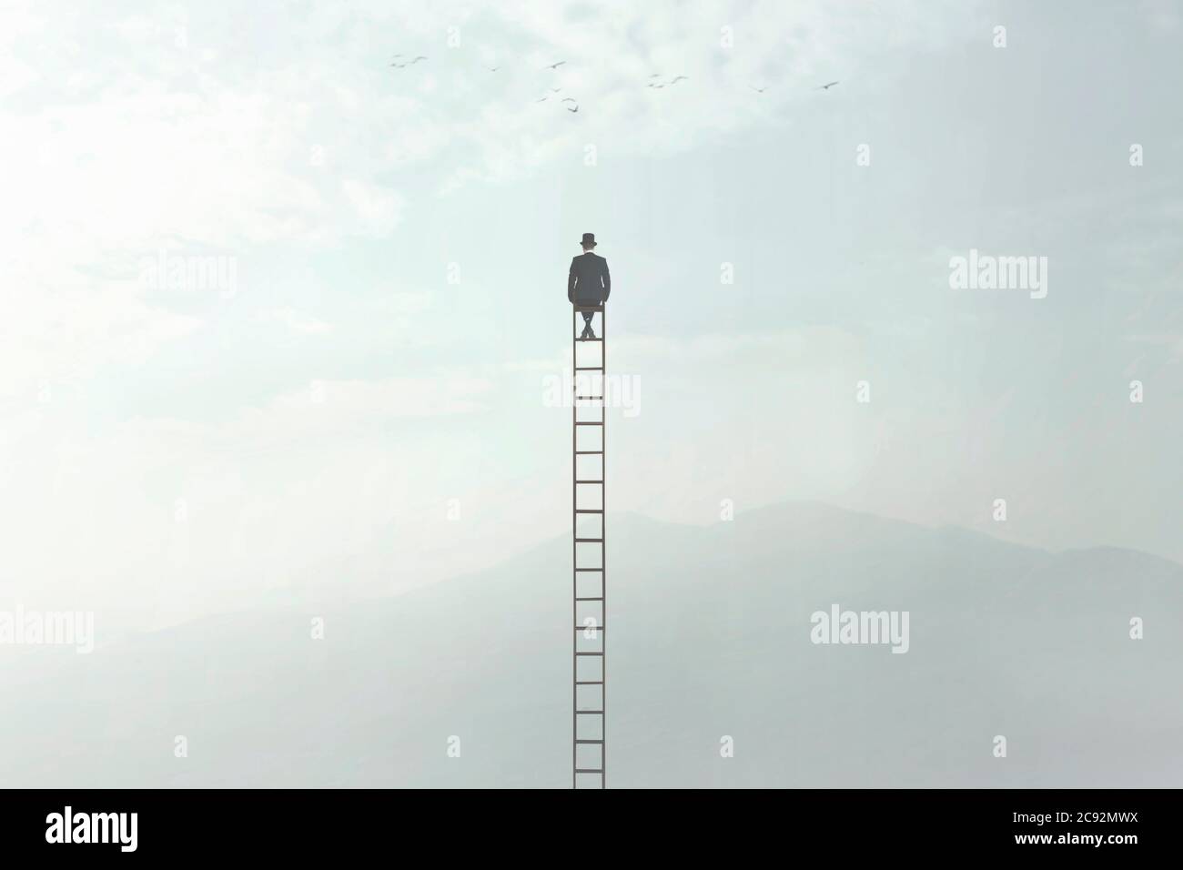 surreal image of a man who is sitting on a very high ladder in the ...