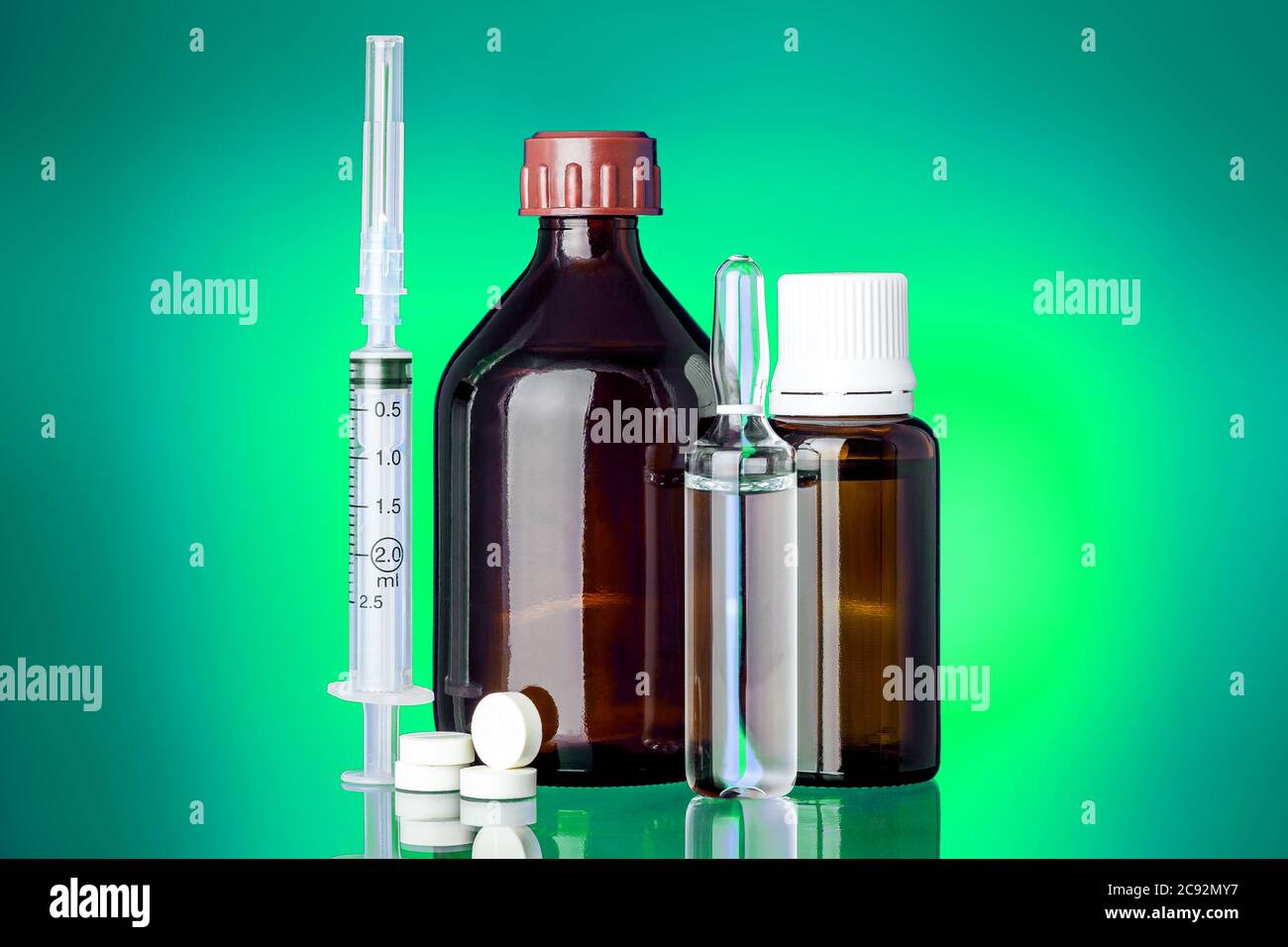 Set of first aid for health on glass with reflection on a color ...