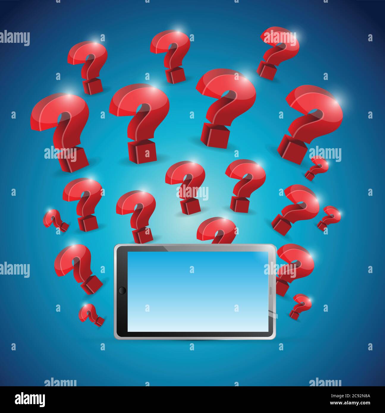 Question marks around tablet. illustration design over a blue ...