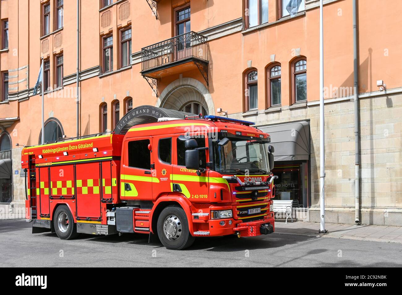Fire truck outside Grand Hotel in Norrkoping. Norrkoping is a historic ...