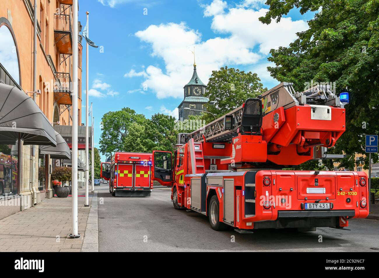 Fire truck outside Grand Hotel in Norrkoping. Norrkoping is a historic ...
