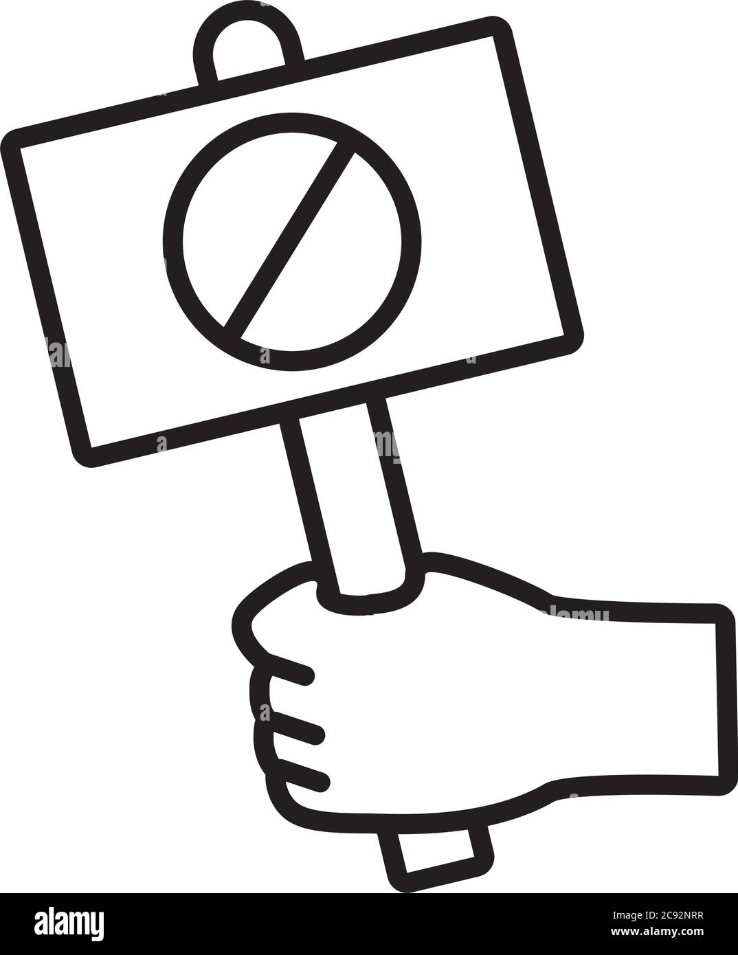 hand holding banner board with stop ban line style icon design ...