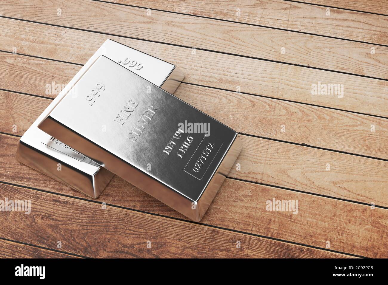 3D illustration Close up view of fine Silver bars or ingots wooden desk ...