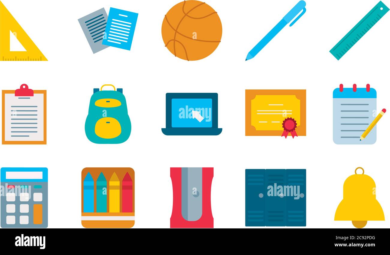 School flat style icon set design, Education class lesson and knowledge ...