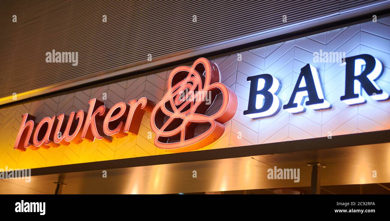 Sign for Hawker Bar in the airside terminal of Luton Airport. The venue ...
