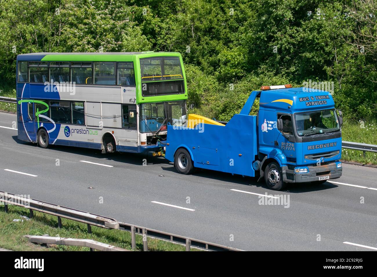 Preston Bus double-decker old PSV being towed by Bus & Truck Services ...