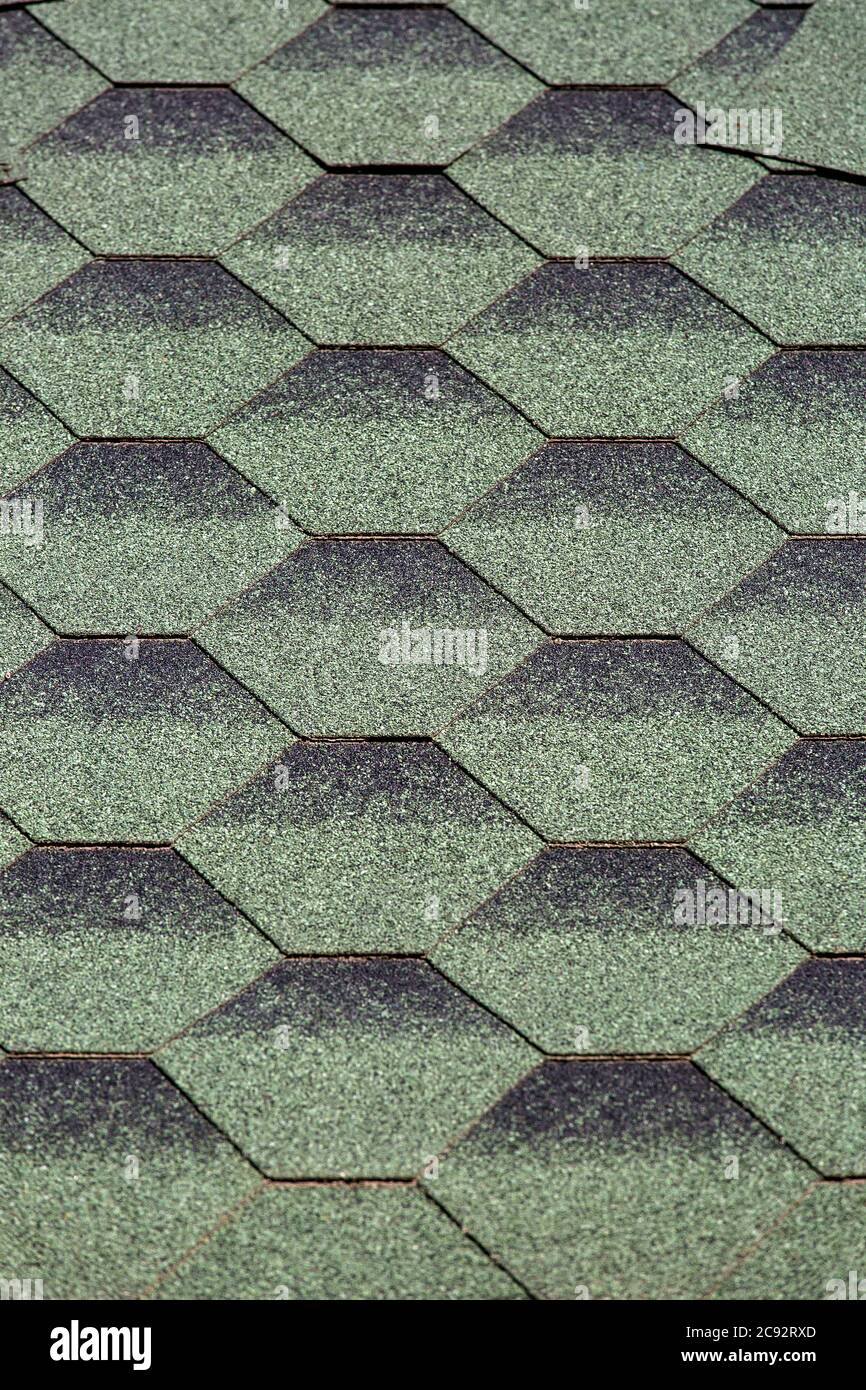 Bitumen shingles of green gray color, close-up of shingles Stock Photo ...
